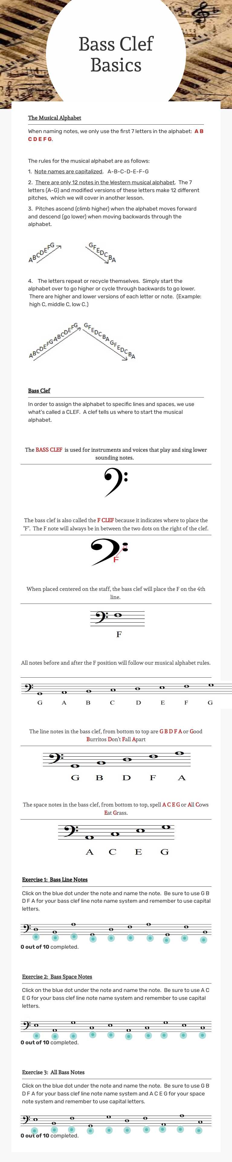 Bass Clef Basics by Brian Wargel | Interactive Worksheet | Wizer.me