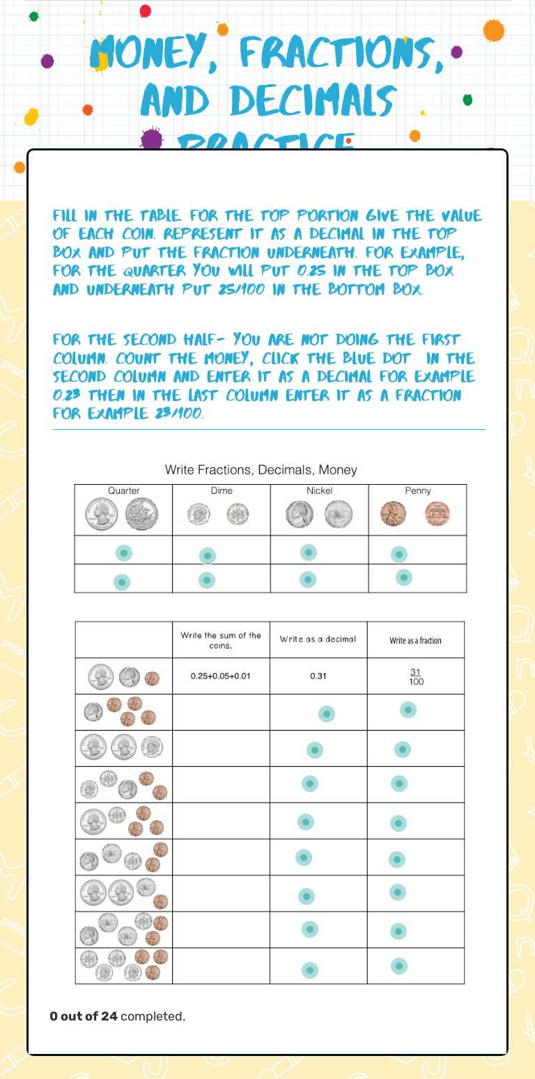 Money, Fractions, and Decimals Practice by Linda Moreno | Interactive ...