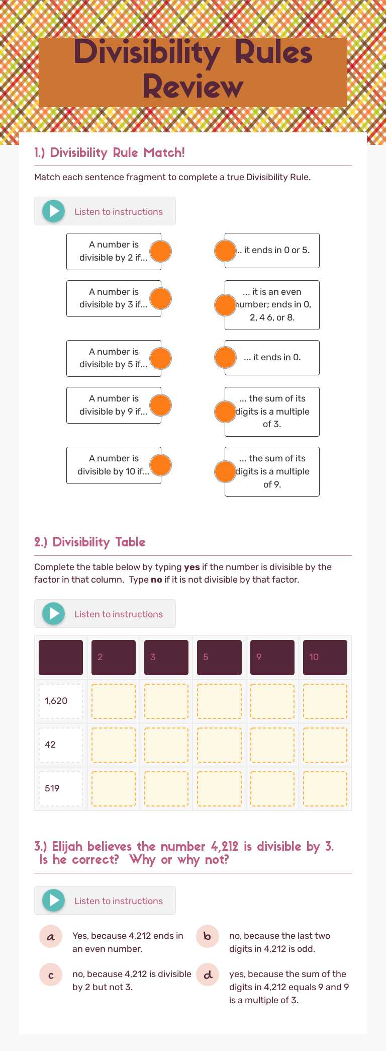 Divisibility Rules Review by Shannon Rudy | Interactive Worksheet ...