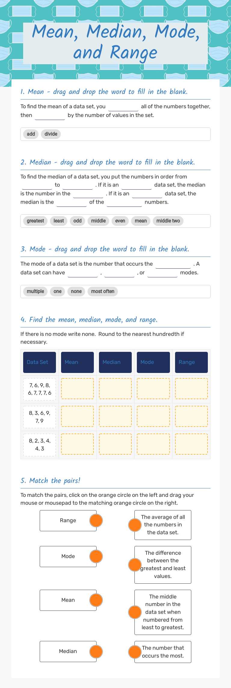 Mean, Median, Mode, and Range by Katie Compo | Interactive Worksheet ...