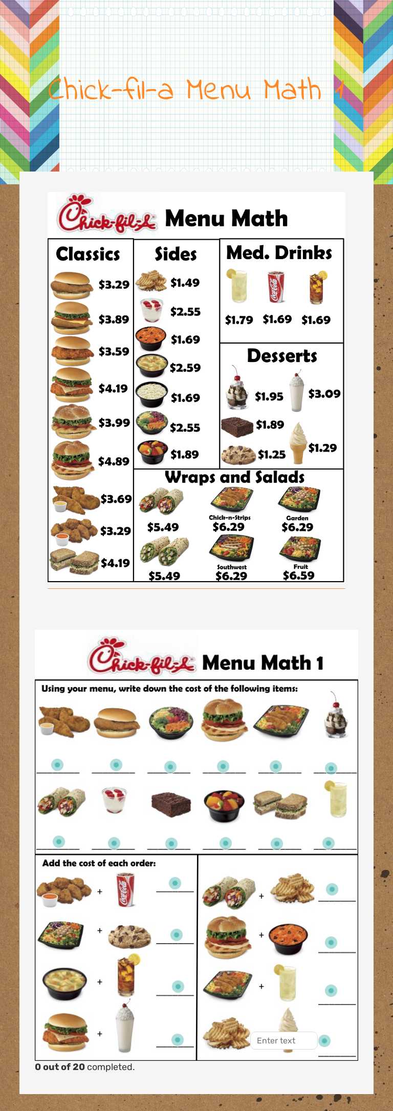Fun Chick-fil-A menu math worksheet! Practice adding decimals and ...