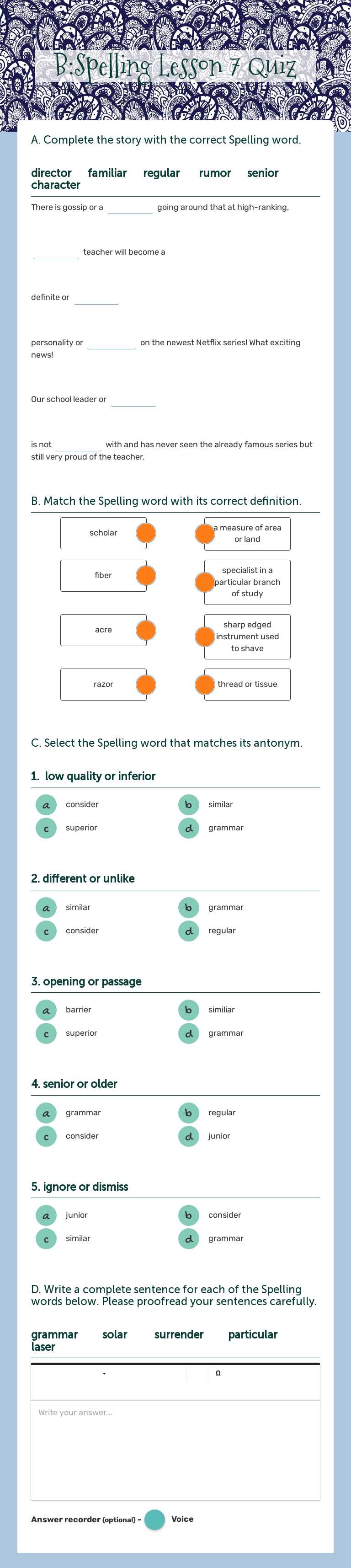 B:Spelling Lesson 7 Quiz by Karina Saravia | Interactive Worksheet ...
