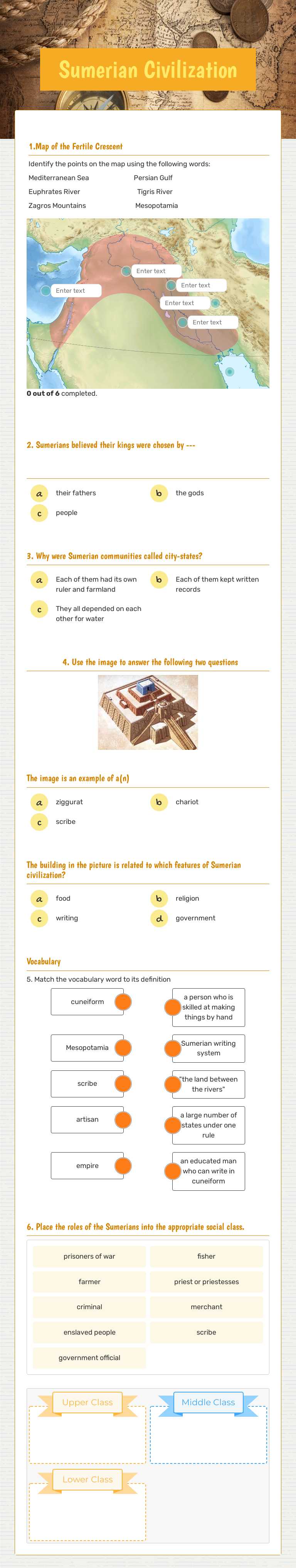 Sumerian Civilization by Nicole Canter | Interactive Worksheet | Wizer.me