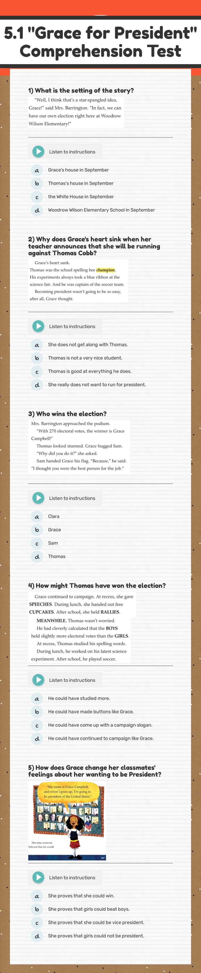 Test comprehension of "Grace for President" with 2nd grade questions ...