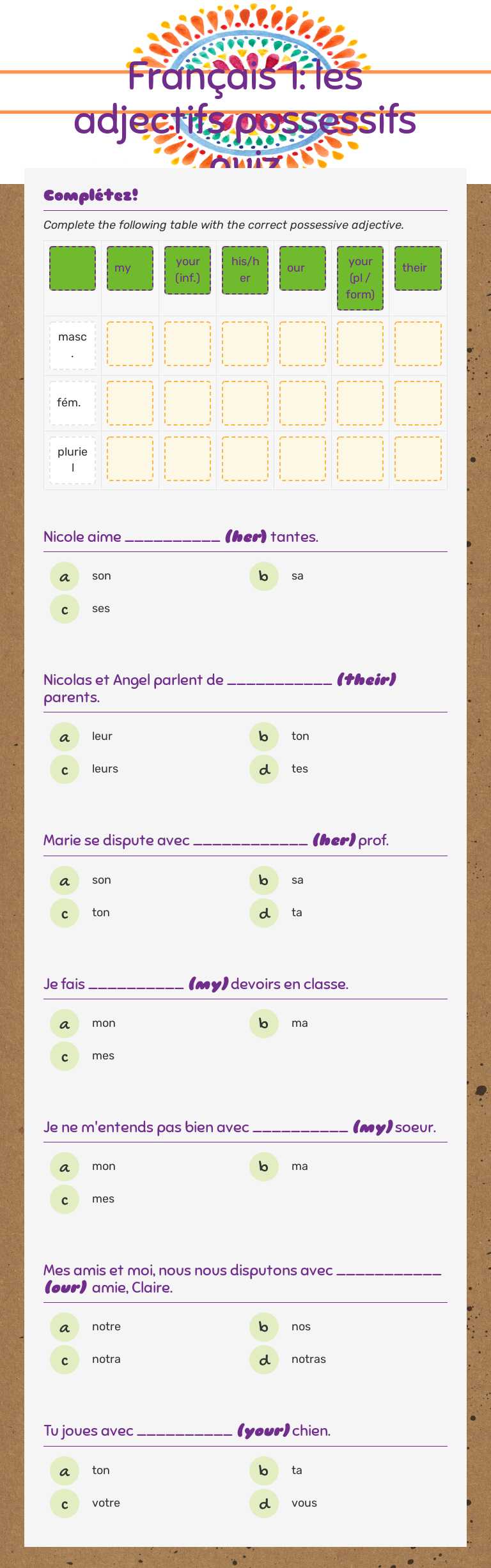 Master French possessive adjectives! Fun quiz practice for learners ...