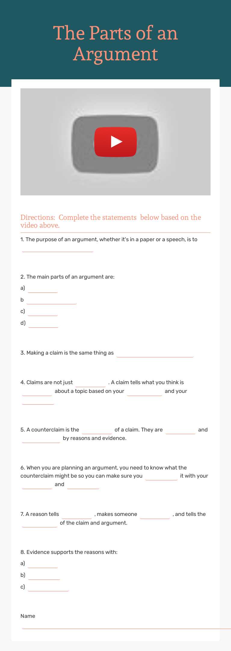 Master the parts of an argument: claim, counterclaim, reasons, and ...