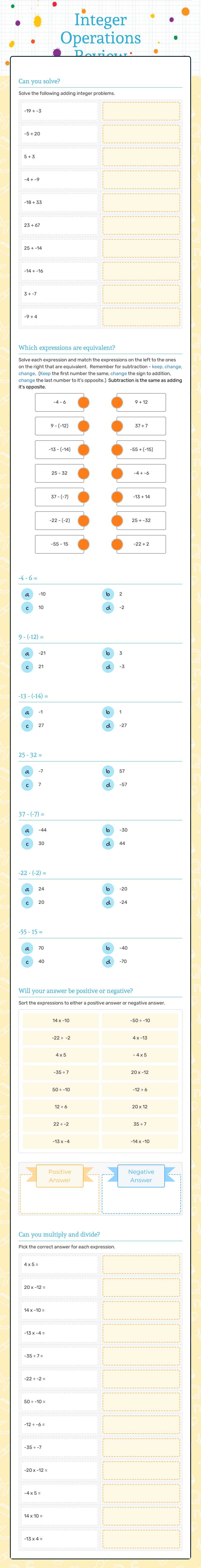 Integer Operations Review by Kim Bentley | Interactive Worksheet | Wizer.me