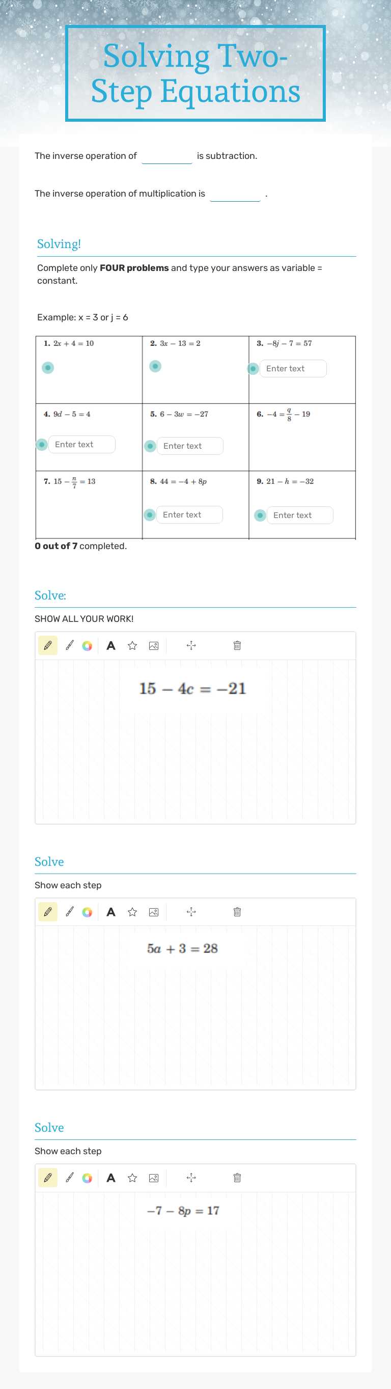 Solving Two-Step Equations by Caitlin Kerzetski | Interactive Worksheet ...