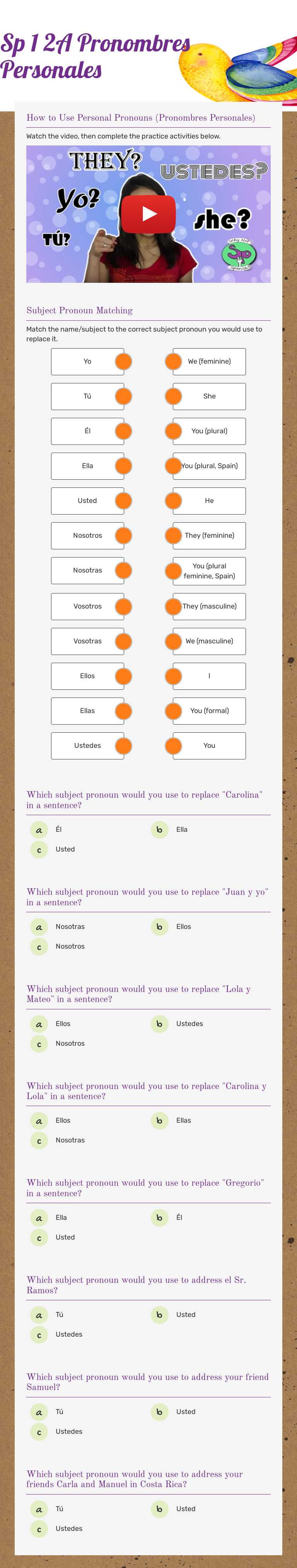 Practice Spanish personal pronouns (pronombres personales) like yo, tú ...
