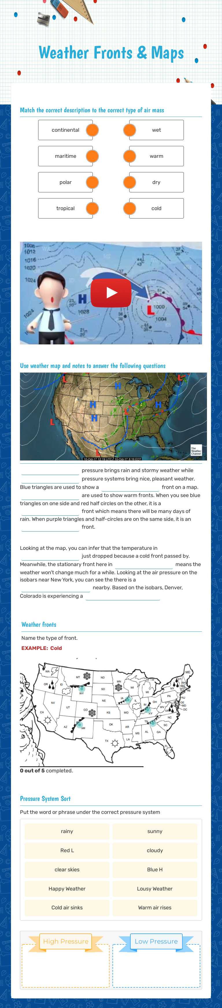 Weather Fronts & Maps by Laura Checki | Interactive Worksheet | Wizer.me
