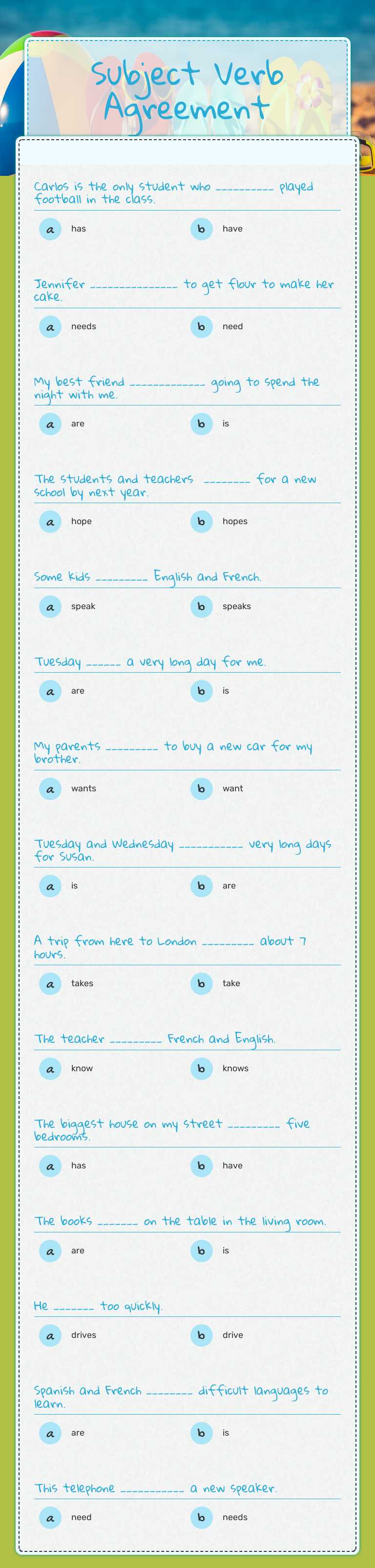 Subject Verb Agreement by Tiffany Leech | Interactive Worksheet | Wizer.me
