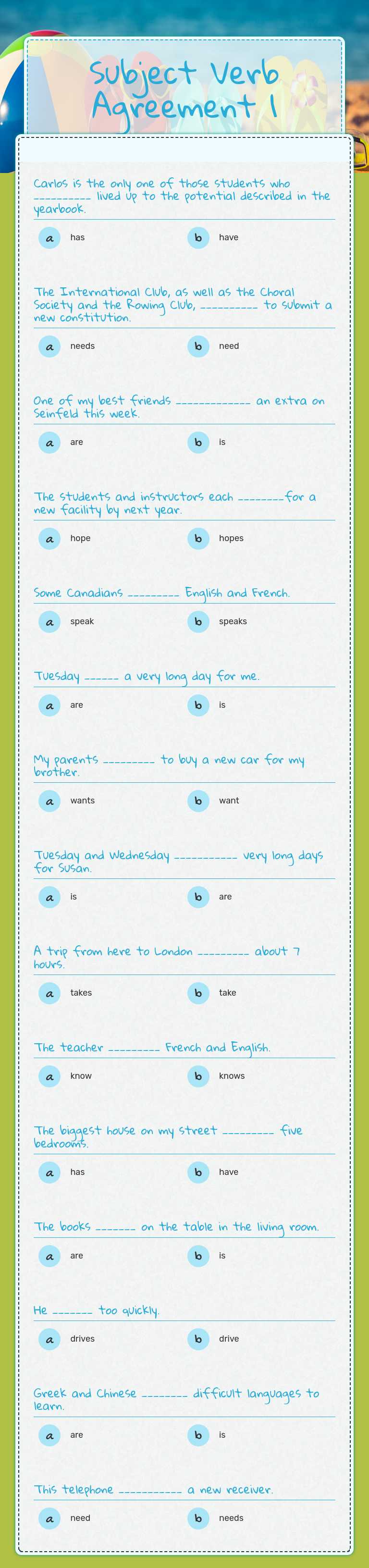 Subject Verb Agreement 1 by Jennifer Butler | Interactive Worksheet ...