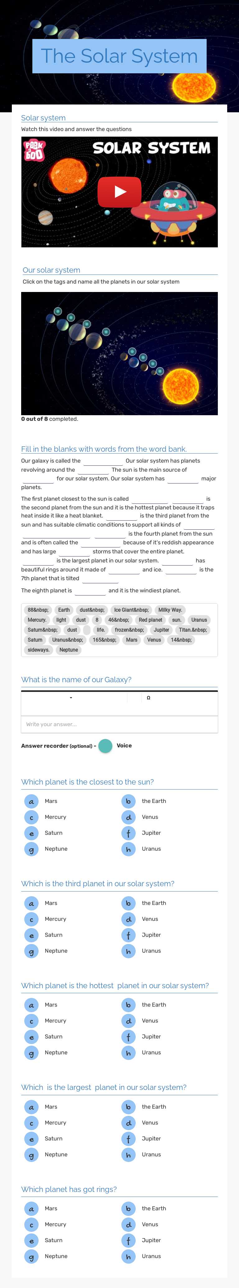 The Solar System by Sonia Rivera-Colon | Interactive Worksheet | Wizer.me