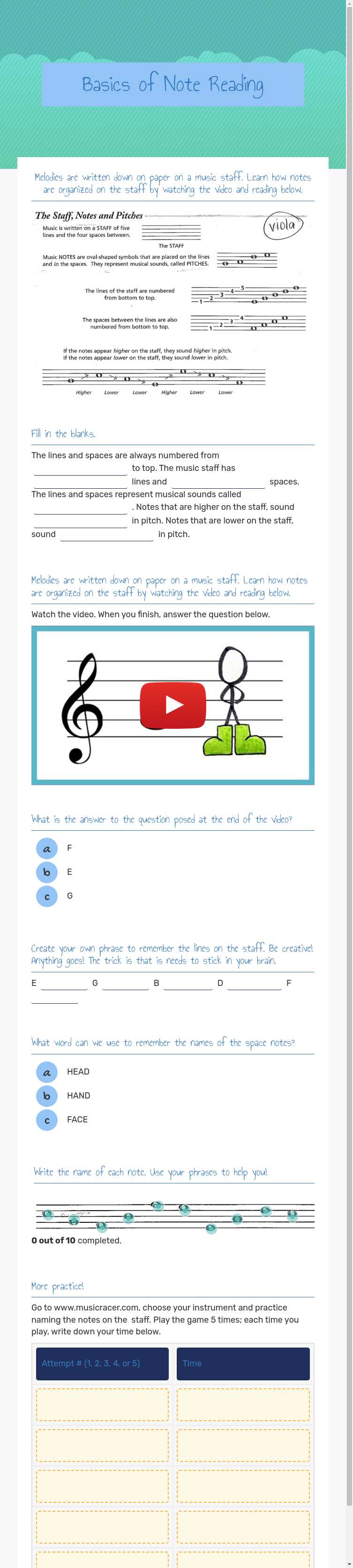 Basics of Note Reading by Jessica Seville | Interactive Worksheet ...