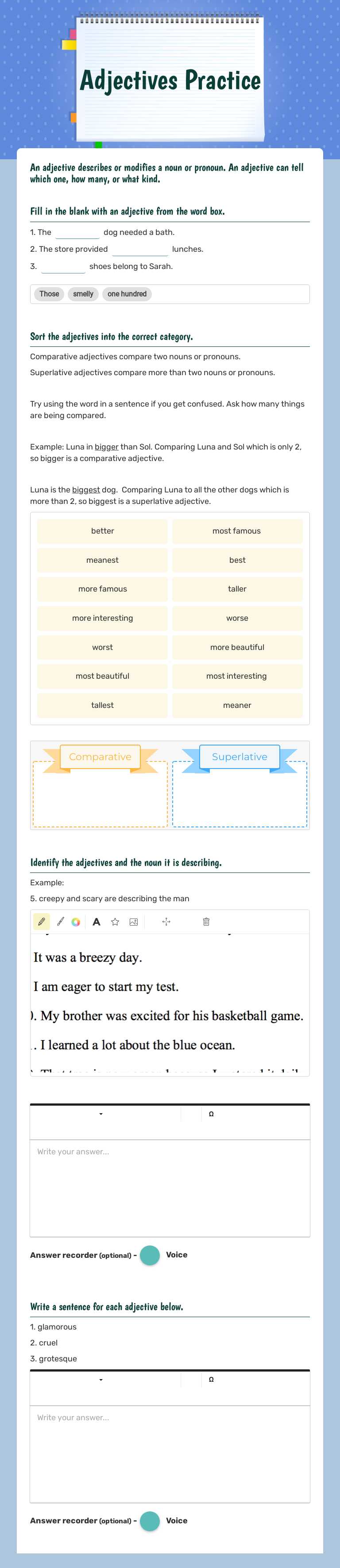 Adjectives Practice by Brittanie Javier | Interactive Worksheet | Wizer.me