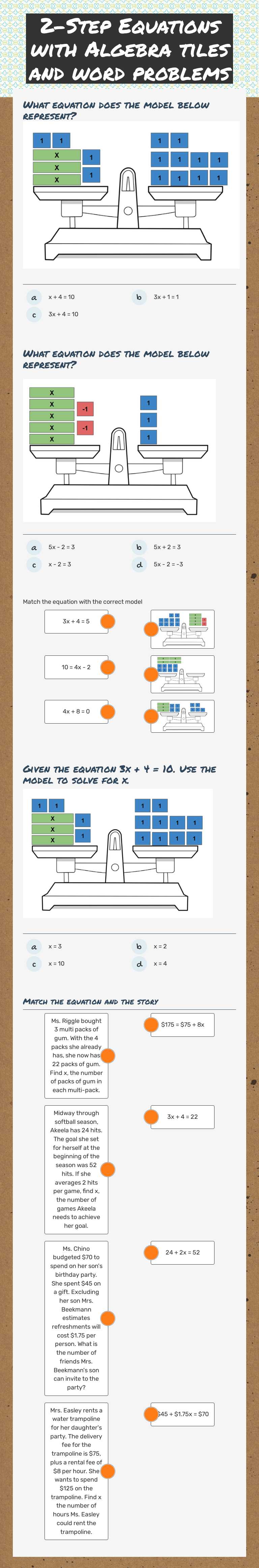 Solve two-step equations! Use algebra tiles & word problems to find 'x ...