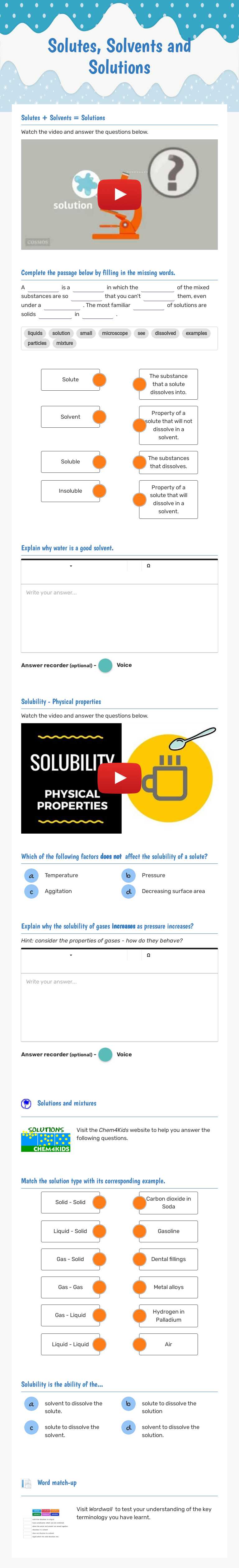 Solutes, Solvents and Solutions by Erin Glassen | Interactive Worksheet ...