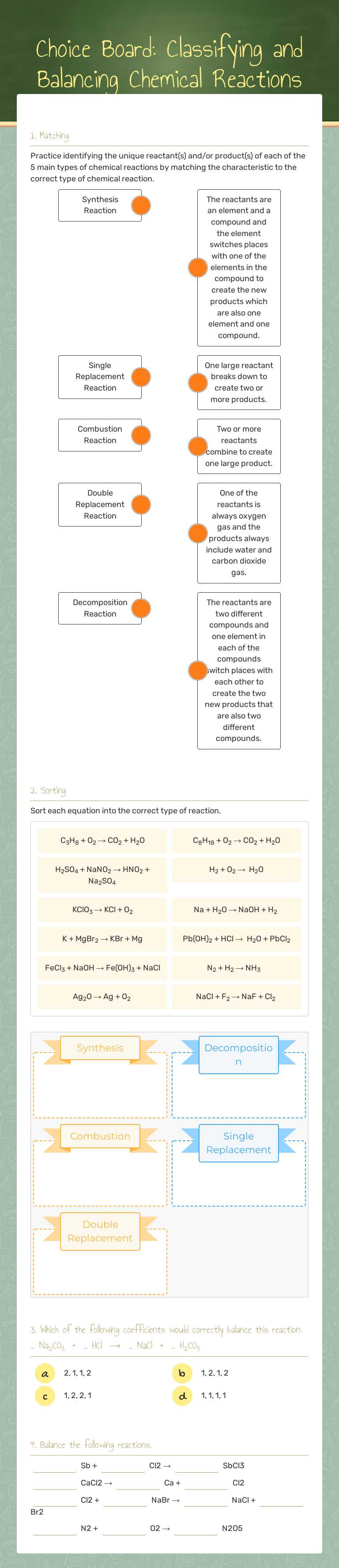 Choice Board: Classifying and Balancing Chemical Reactions by Mollianne ...