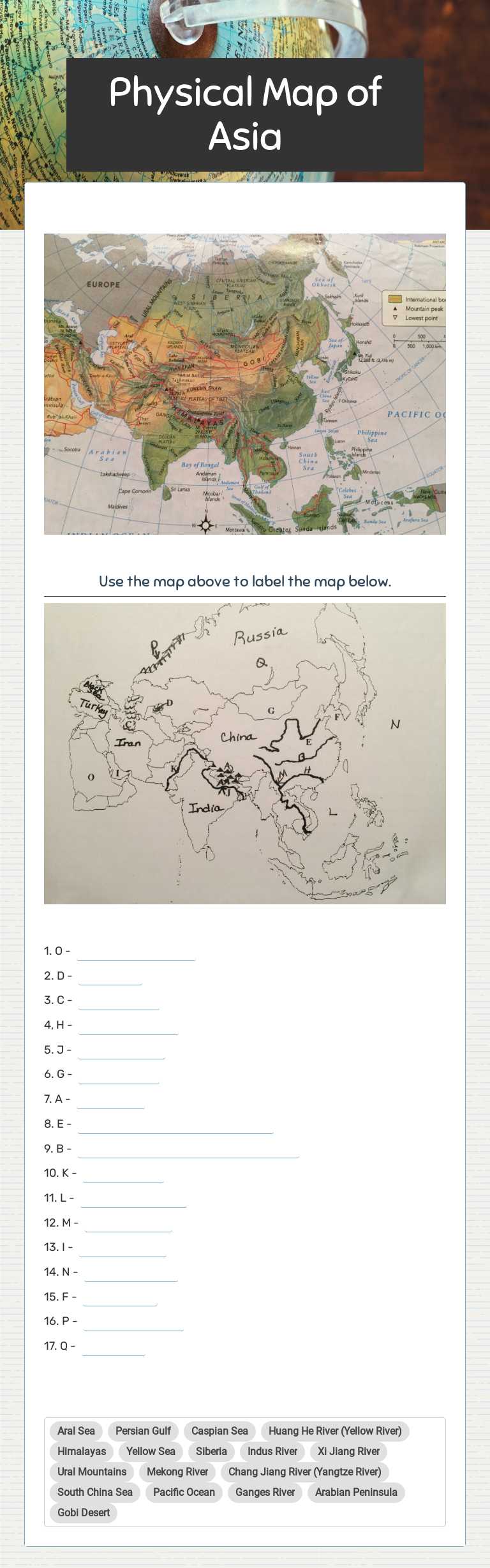 Physical Map of Asia by Haydee Mathews | Interactive Worksheet | Wizer.me