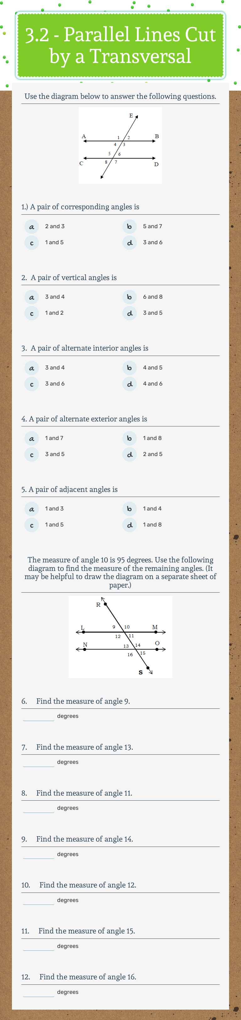 Master parallel lines and transversals! Practice identifying angle ...