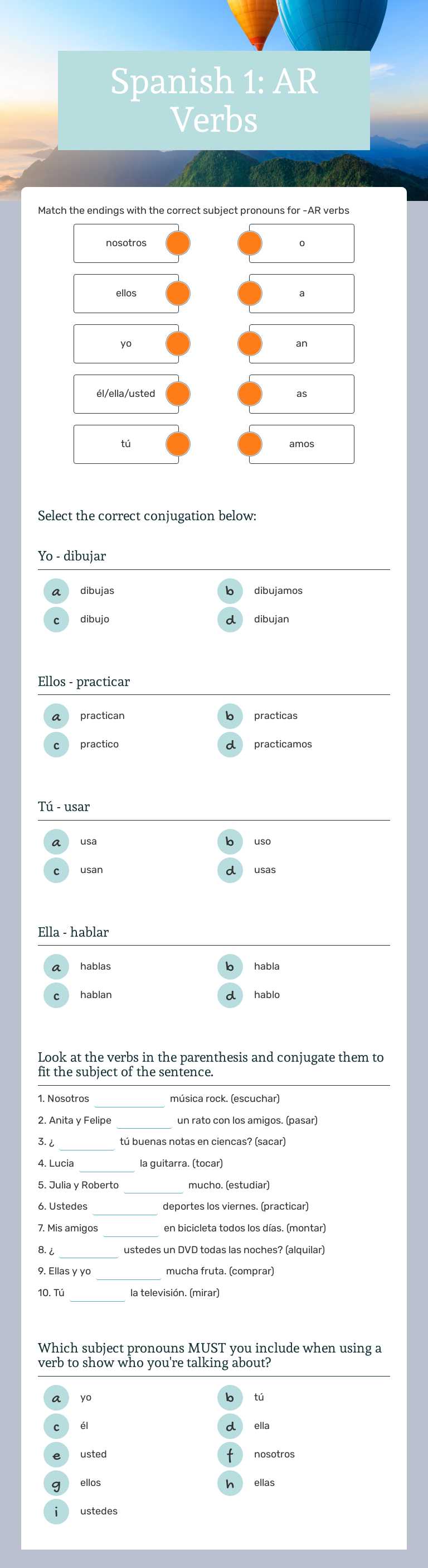 Spanish 1: AR Verbs by Jose Arellano | Interactive Worksheet | Wizer.me