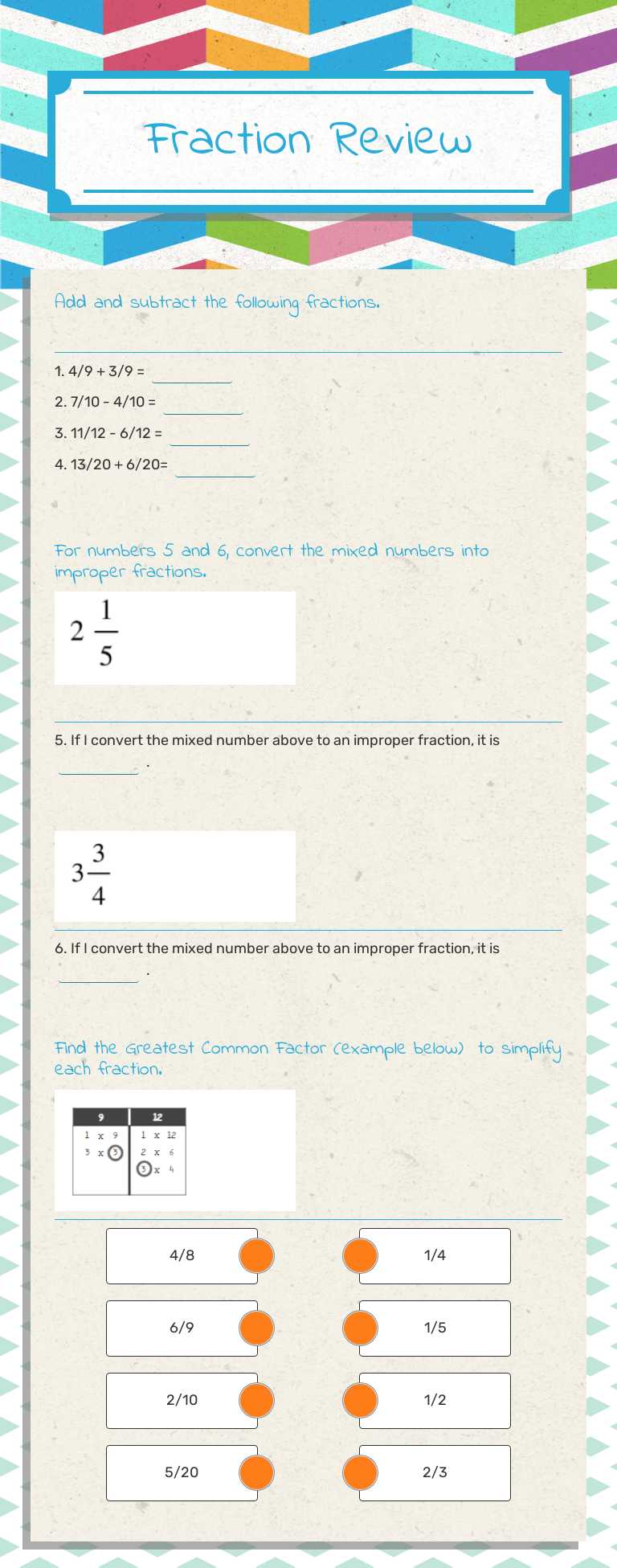 Fraction Review by Mitchell Yoder | Interactive Worksheet | Wizer.me