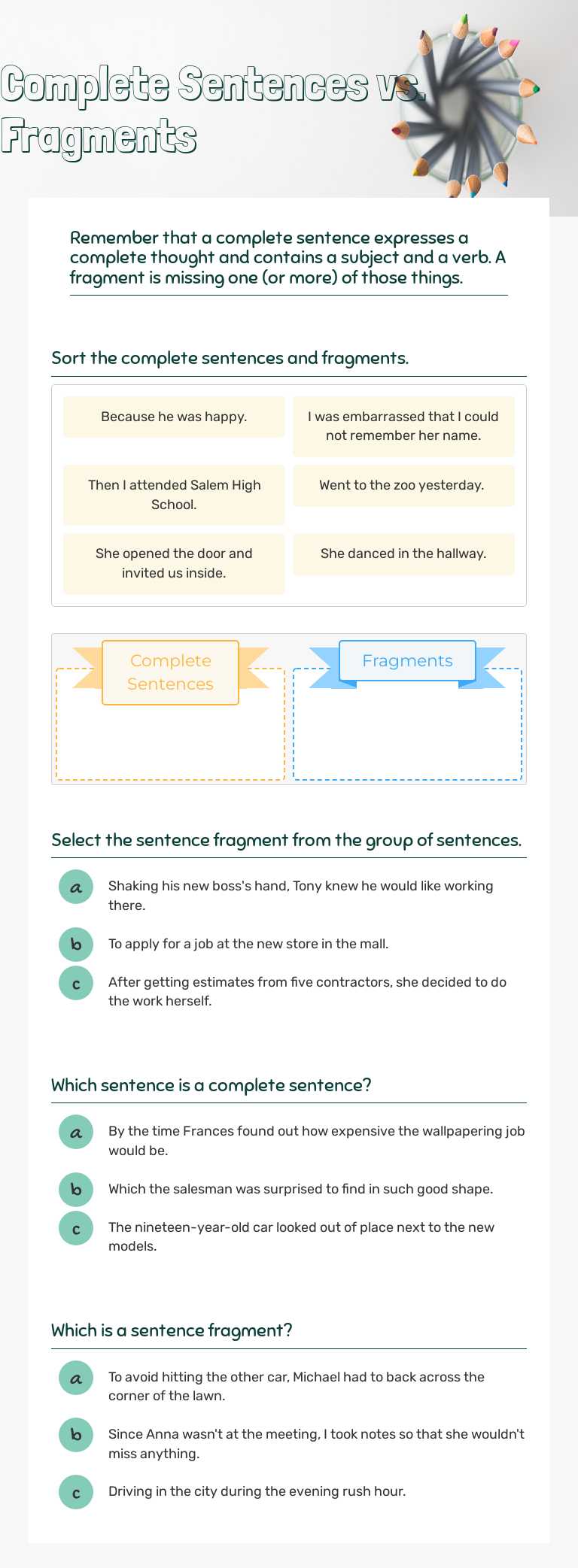 Complete Sentences vs. Fragments by Latoya Lewis | Interactive ...