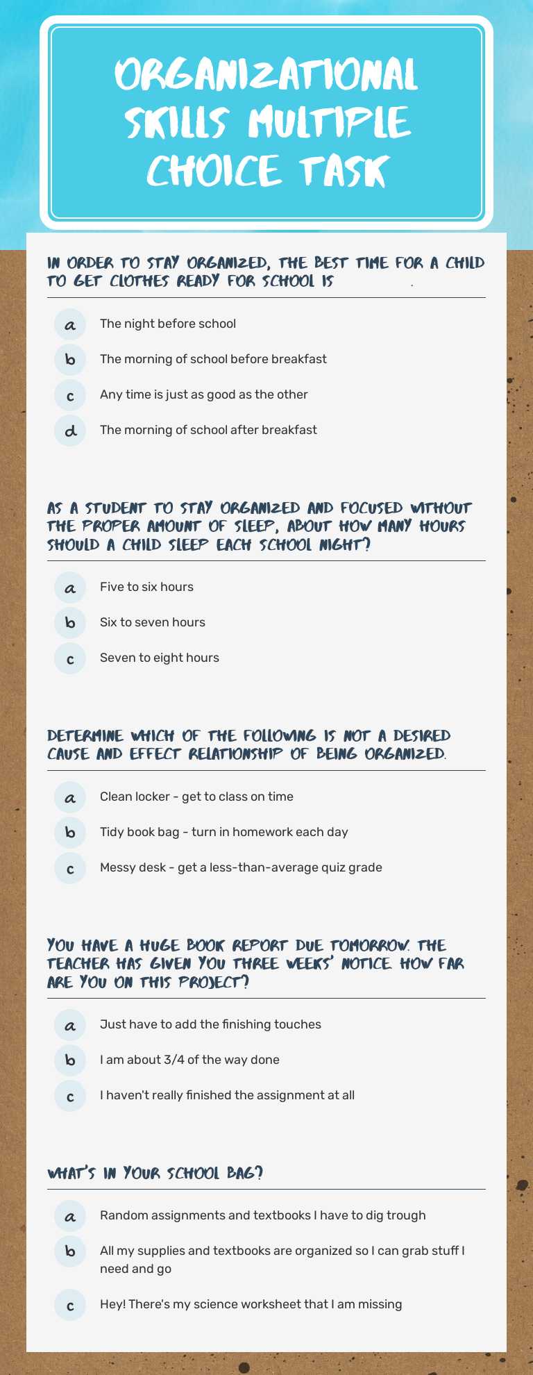 Organizational skills multiple choice task by Kyle Giddens ...