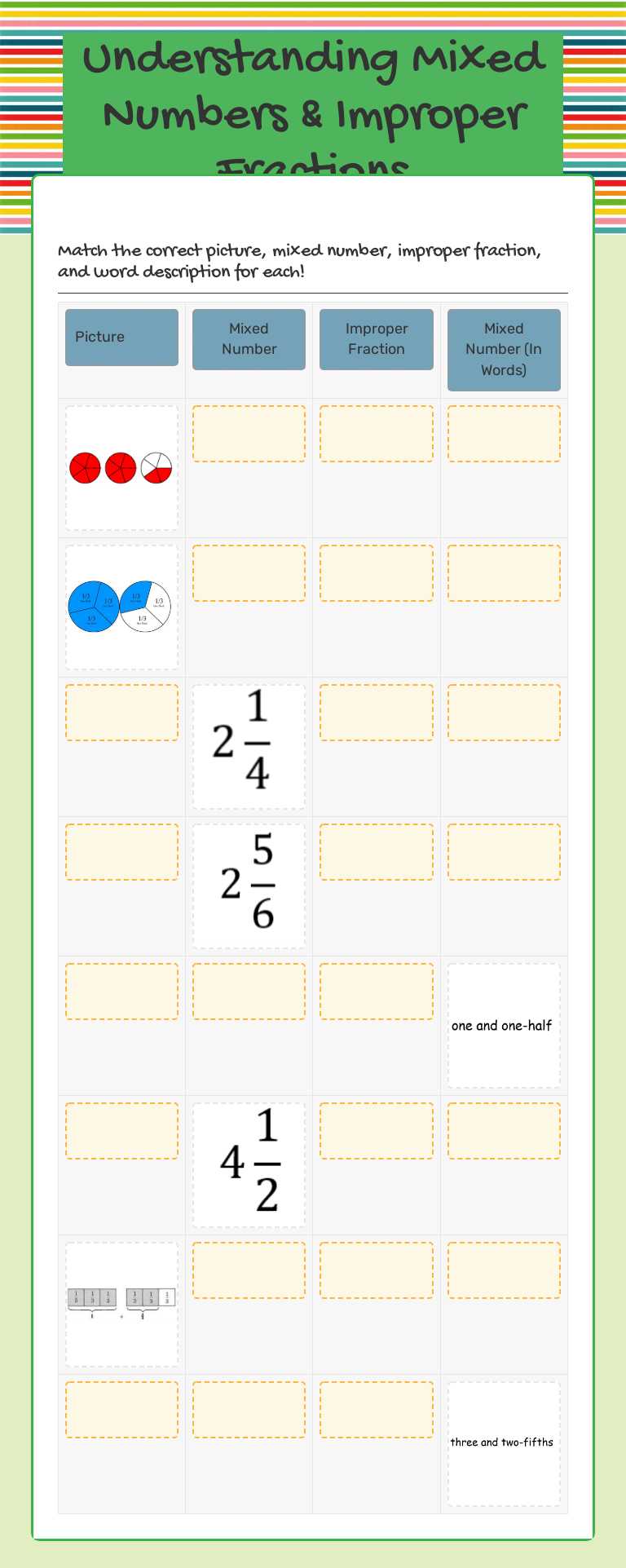 Master mixed numbers and improper fractions with this visual matching ...