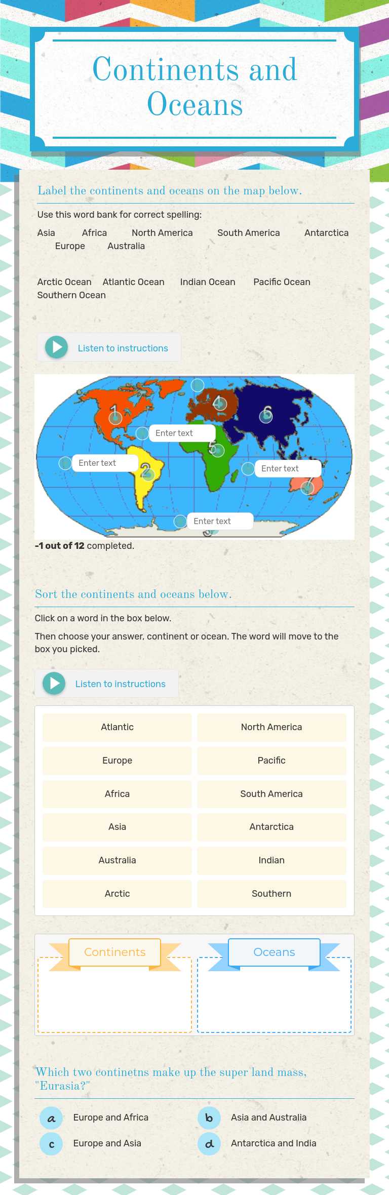 Continents and Oceans by Valen Clore | Interactive Worksheet | Wizer.me