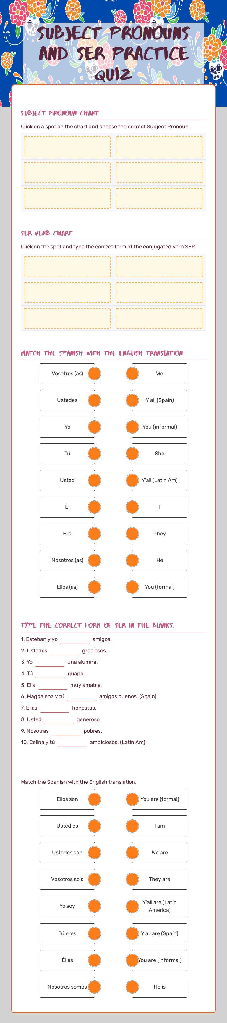 Subject pronouns and ser practice quiz by Cynthia Sabogal | Interactive ...
