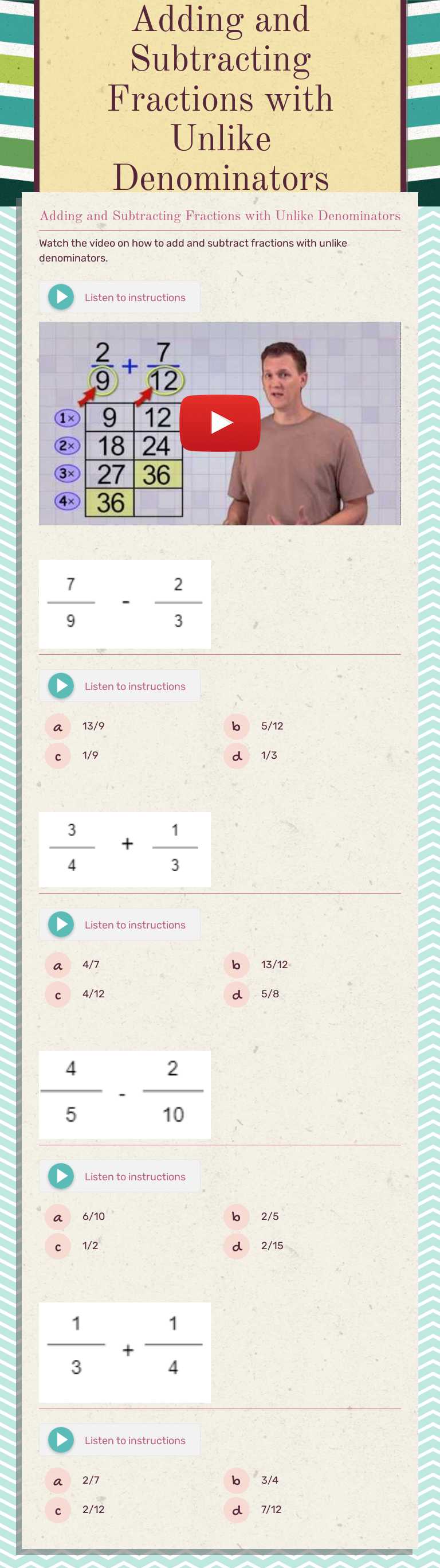 Adding and Subtracting Fractions with Unlike Denominators by John ...
