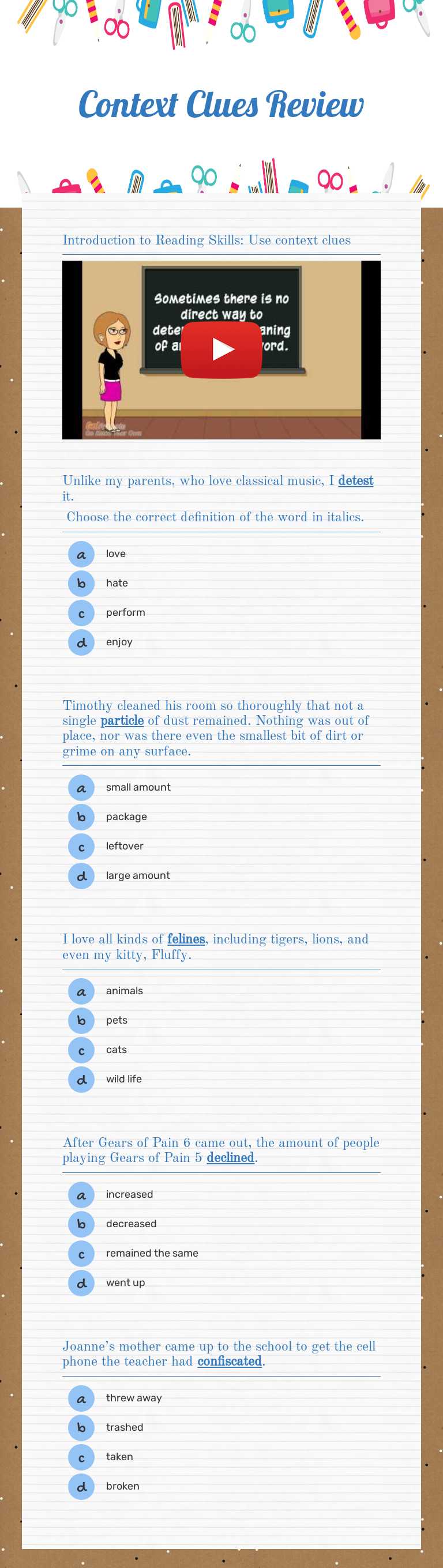 Context Clues Review by Jodi Blum | Interactive Worksheet | Wizer.me