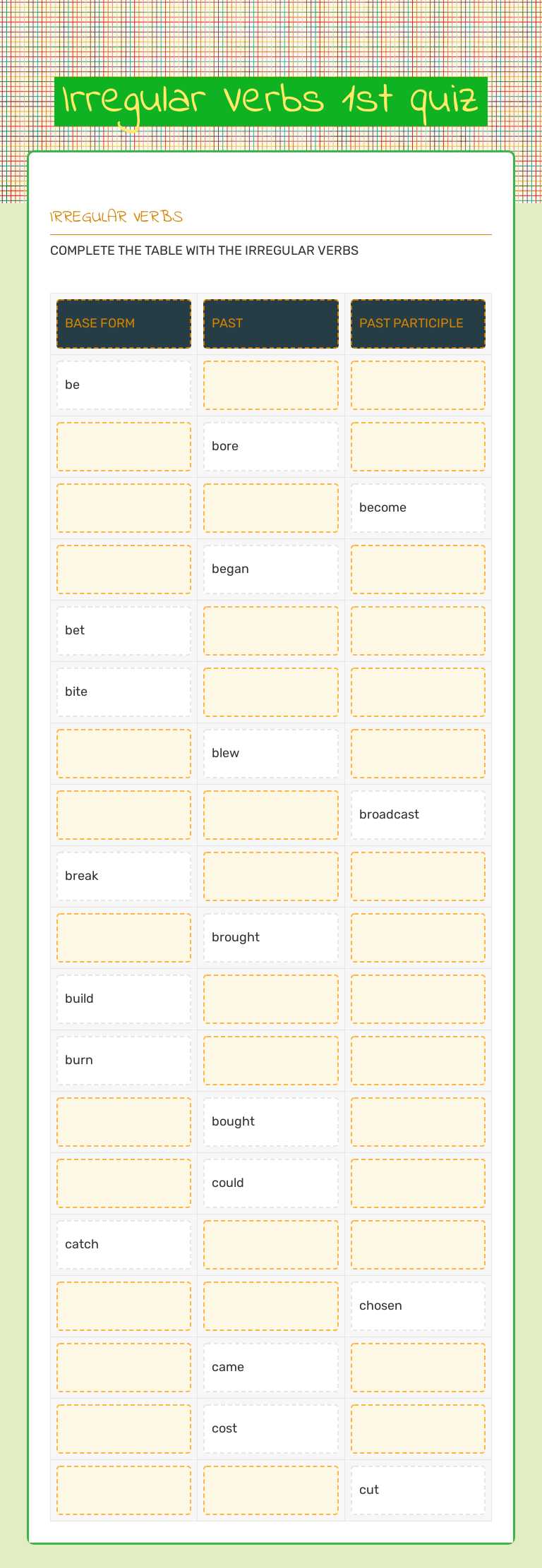 Irregular Verbs 1st quiz by Fernanda Gaspar | Interactive Worksheet ...
