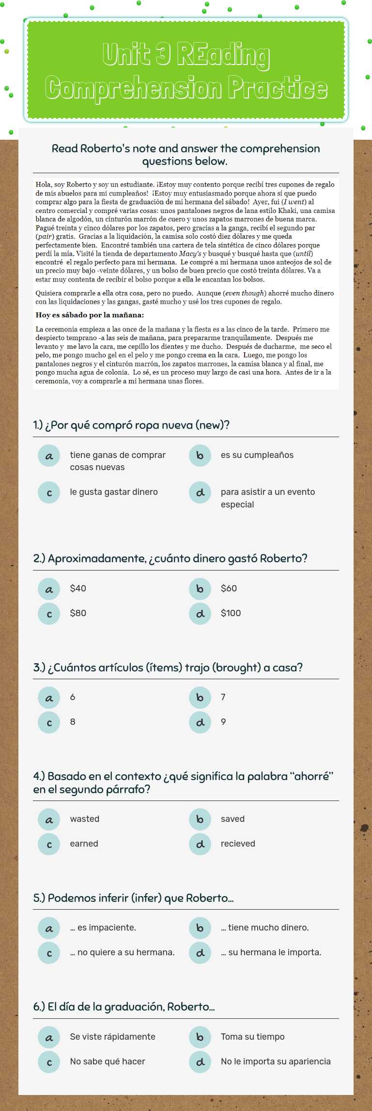 Practice Spanish reading comprehension with engaging questions on ...