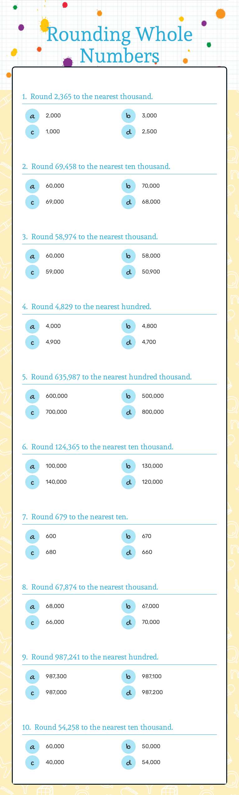 Rounding Whole Numbers by T Yarbrough | Interactive Worksheet | Wizer.me