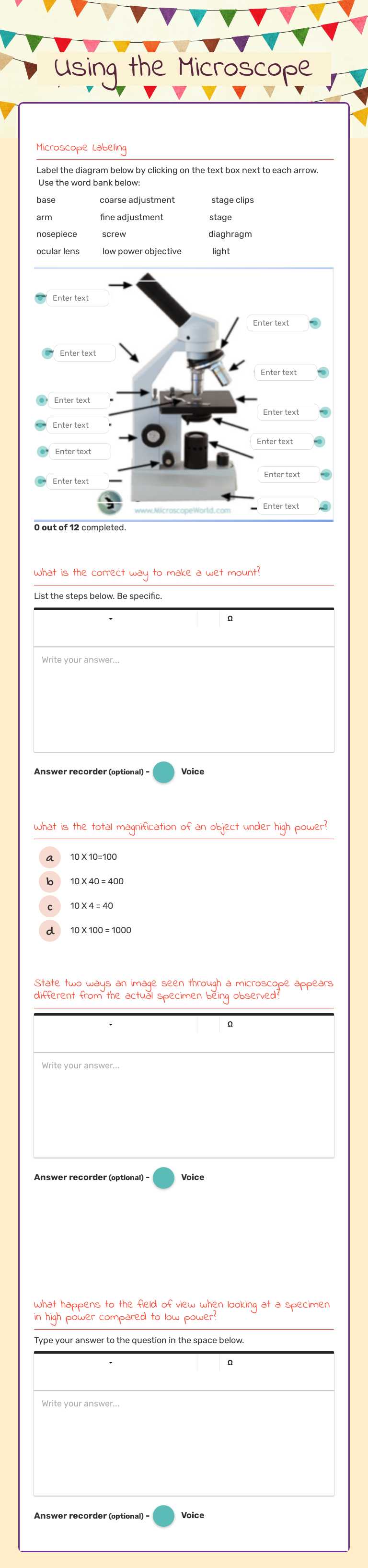 Learn to use a microscope! Label parts, calculate magnification, and ...