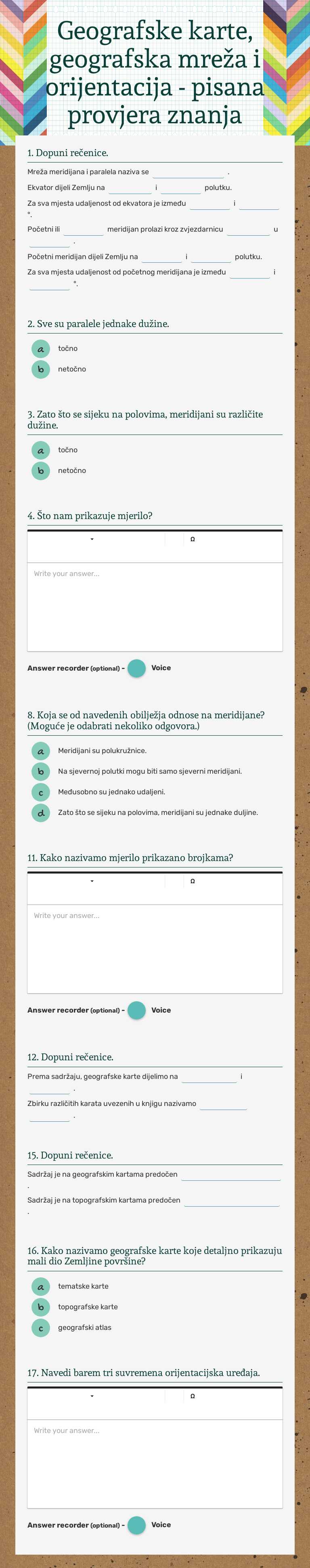 Geografske karte, geografska mreža i orijentacija - pisana provjera ...