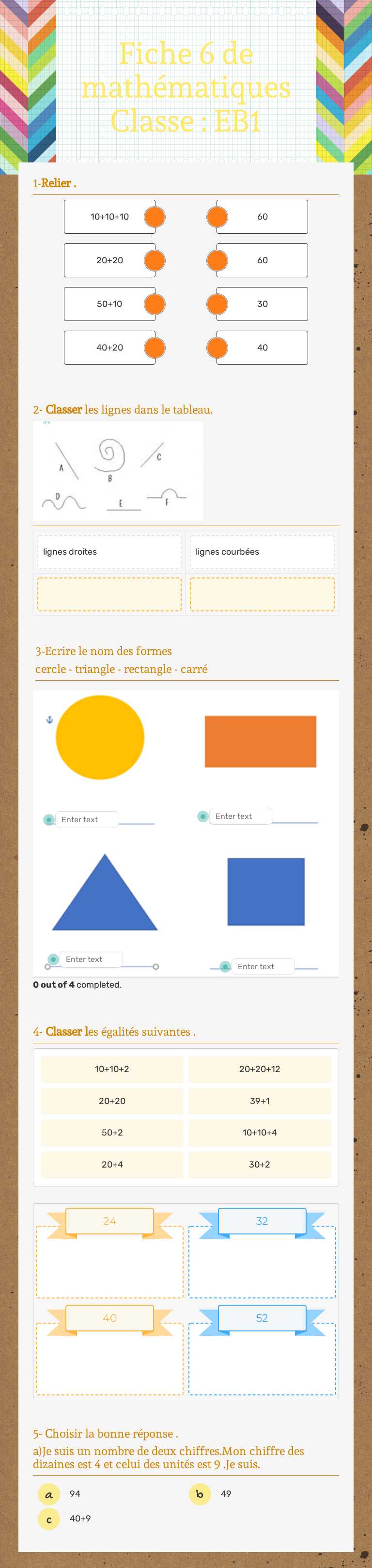 Fiche 6 de mathématiques Classe : EB1 by marwa badawi | Interactive ...