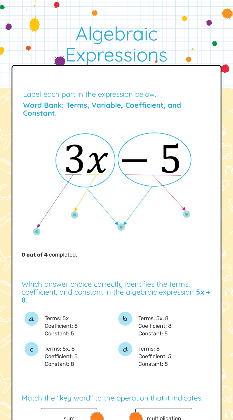 Algebraic Expressions | Interactive Worksheet by Lauren Erickson | Wizer.me