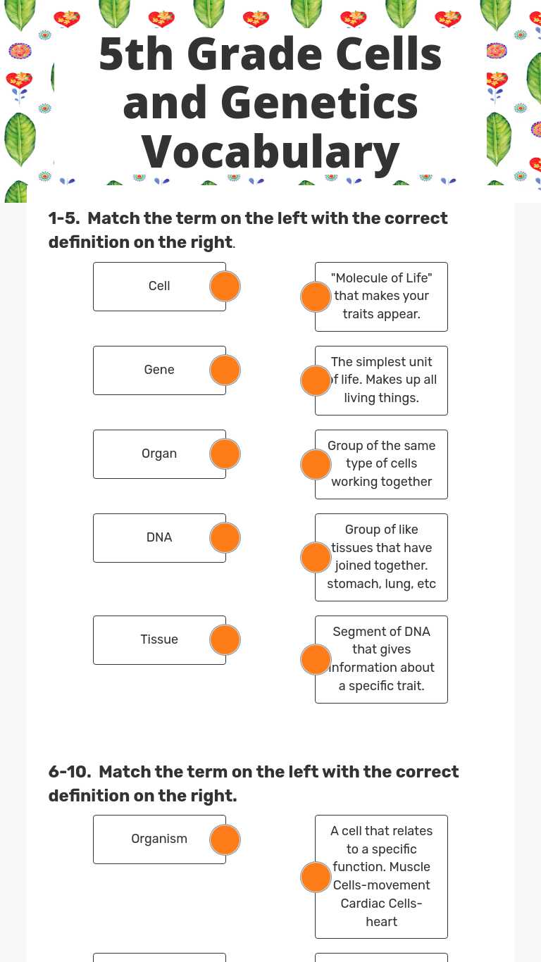 5th Grade Cells and Genetics worksheet