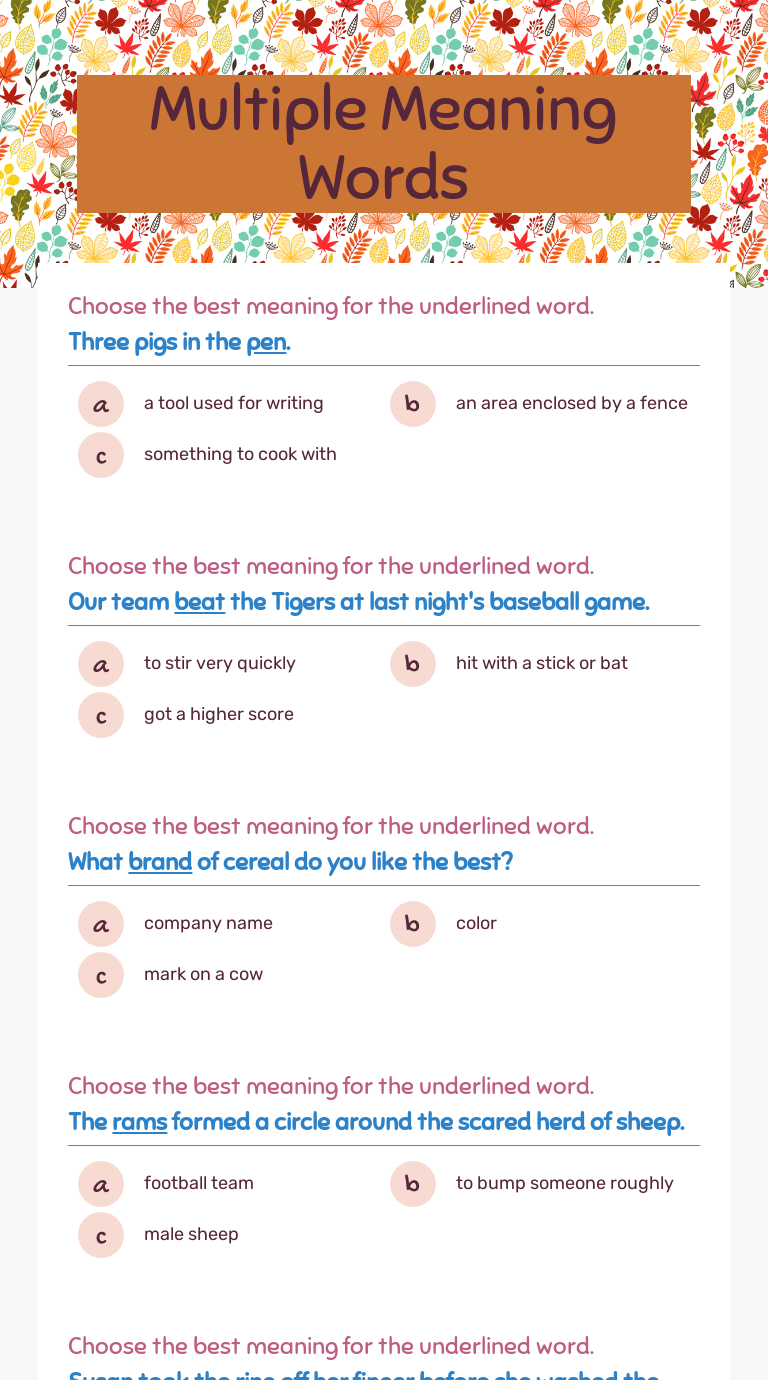 Multiple Meaning Words Interactive Worksheet By Christina M Estes 