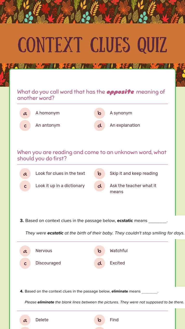 Context Clues Quiz worksheet