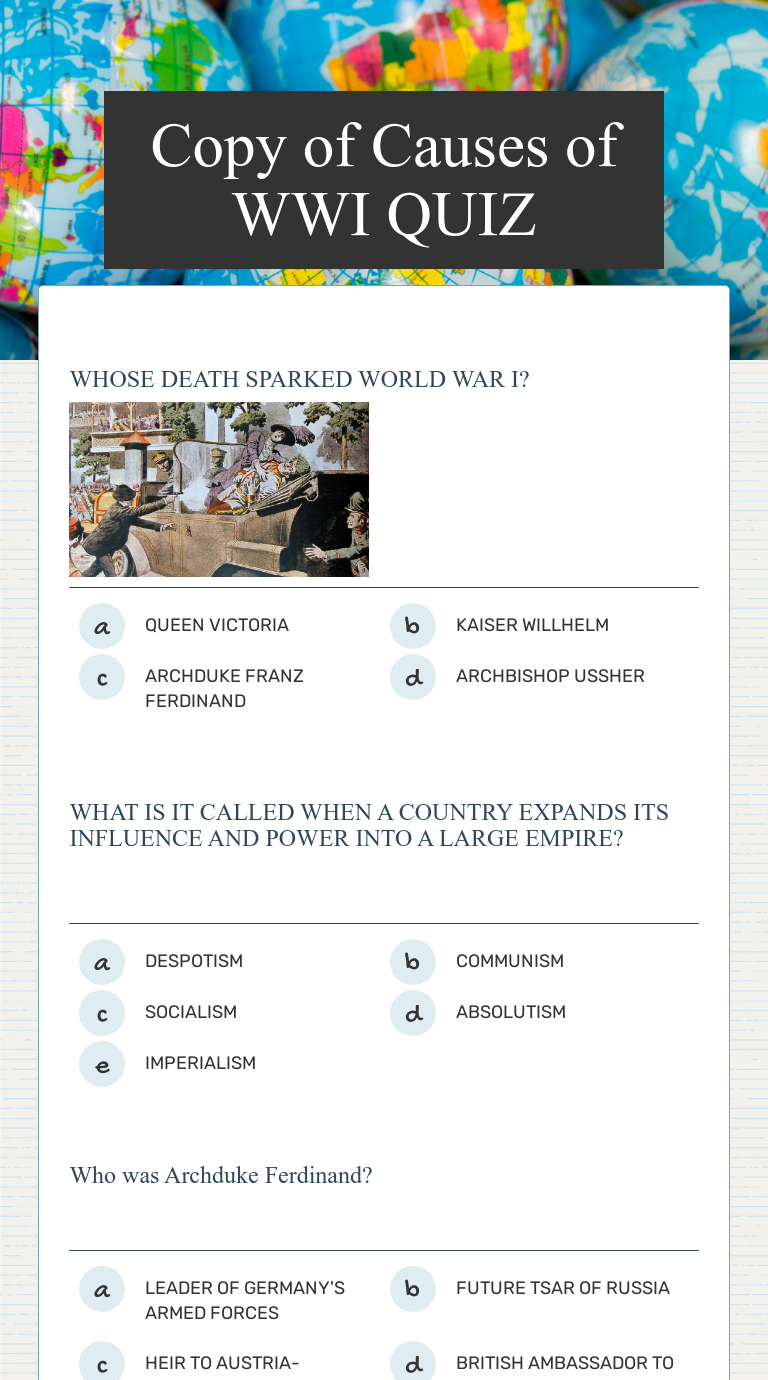 Copy of Causes of WWI QUIZ | Interactive Worksheet by Jaime Foxworth ...