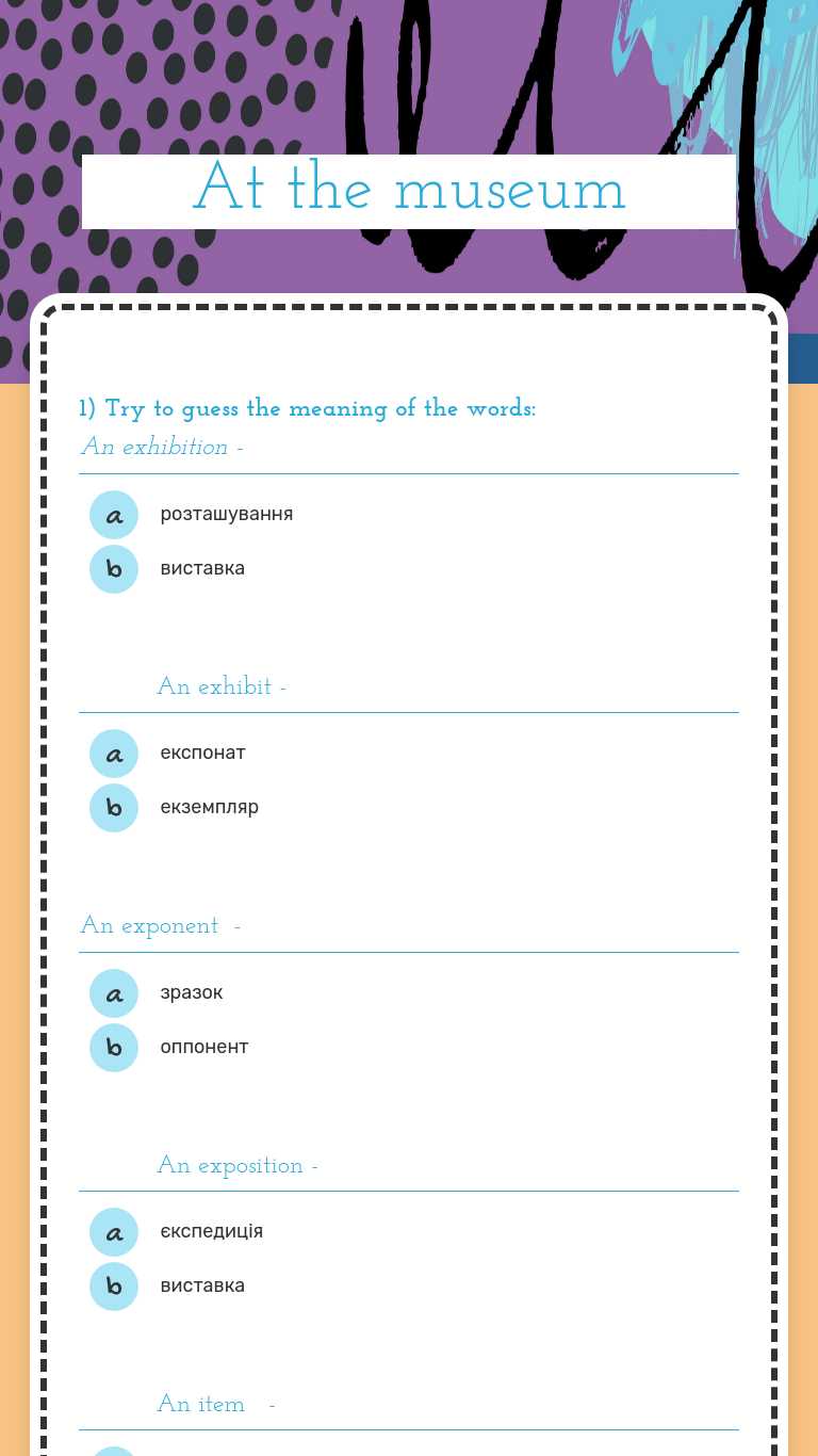 At the museum | Interactive Worksheet by Olena Kholoshenko | Wizer.me