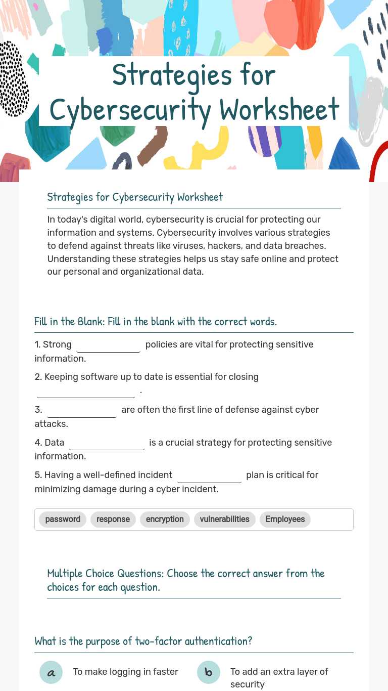 Strategies for Cybersecurity Worksheet worksheet