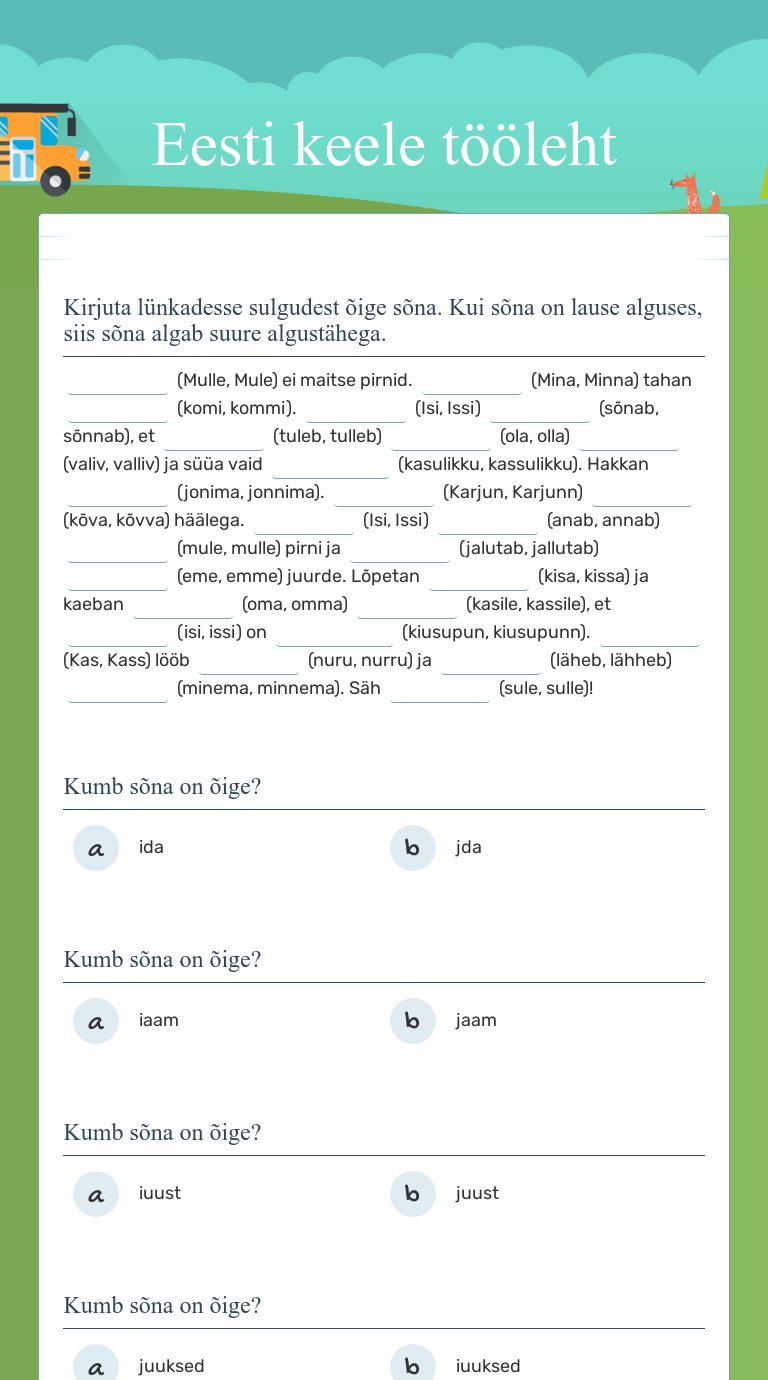 Eesti keele tööleht | Interactive Worksheet by Kenely Merelaid | Wizer.me