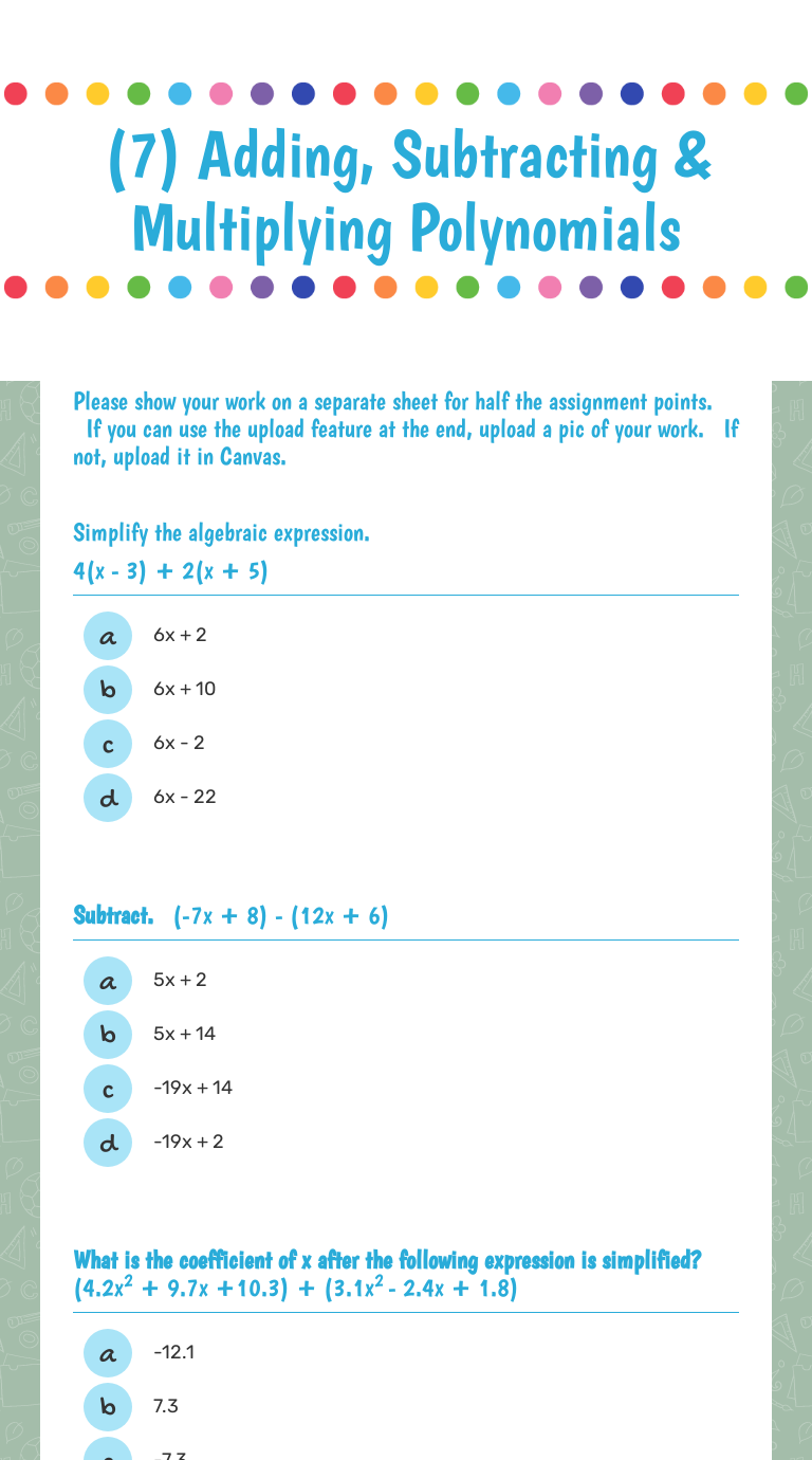 Adding Subtracting And Multiplying Polynomials Worksheet (7) Adding Subtracting And Multiplying Polynomials Worksheet (7)