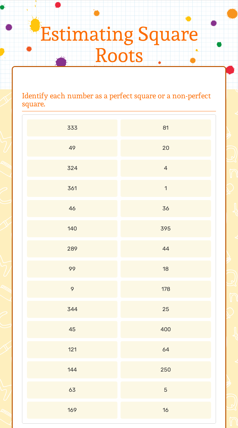 Estimating Non Perfect Square Roots Worksheet Estimating Non Perfect Square Roots Worksheet
