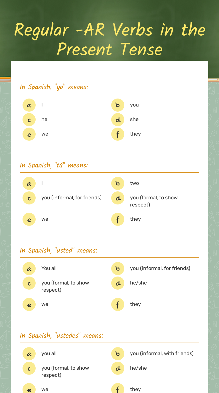 Regular -AR Verbs in the worksheet